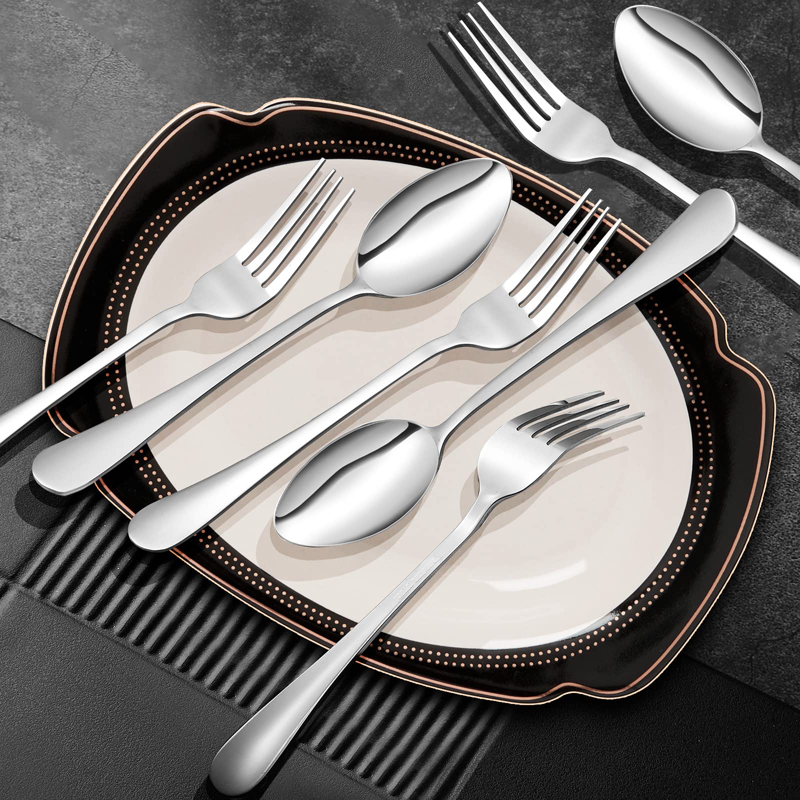 24Pcs Forks and Spoons Silverware Set,Tableware Spoons and Forks Set,Food Grade Stainless Steel Flatware Cutlery Set,Fork and Spoon Set for Home Kitchen Restaurant,Dishwasher Safe,Mirror Polished