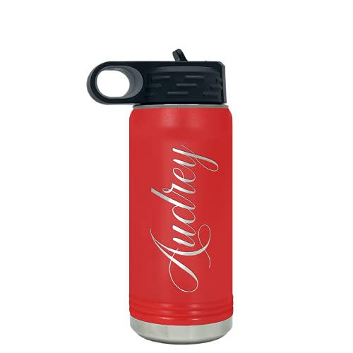 Personalized Bottle 20 oz with Straw Red Custom Laser Engraved Stainless Steel Vacuum Insulated Sport Bottle with Name