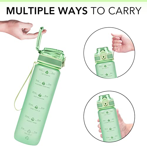 Alwager 32oz Motivational Water Bottles with Time Marker & Fruit Strainer, Single Color Water Bottle with Times to Drink, Leakproof & BPA Free, Reusable Plastic Bottle with Strap (No Straw)