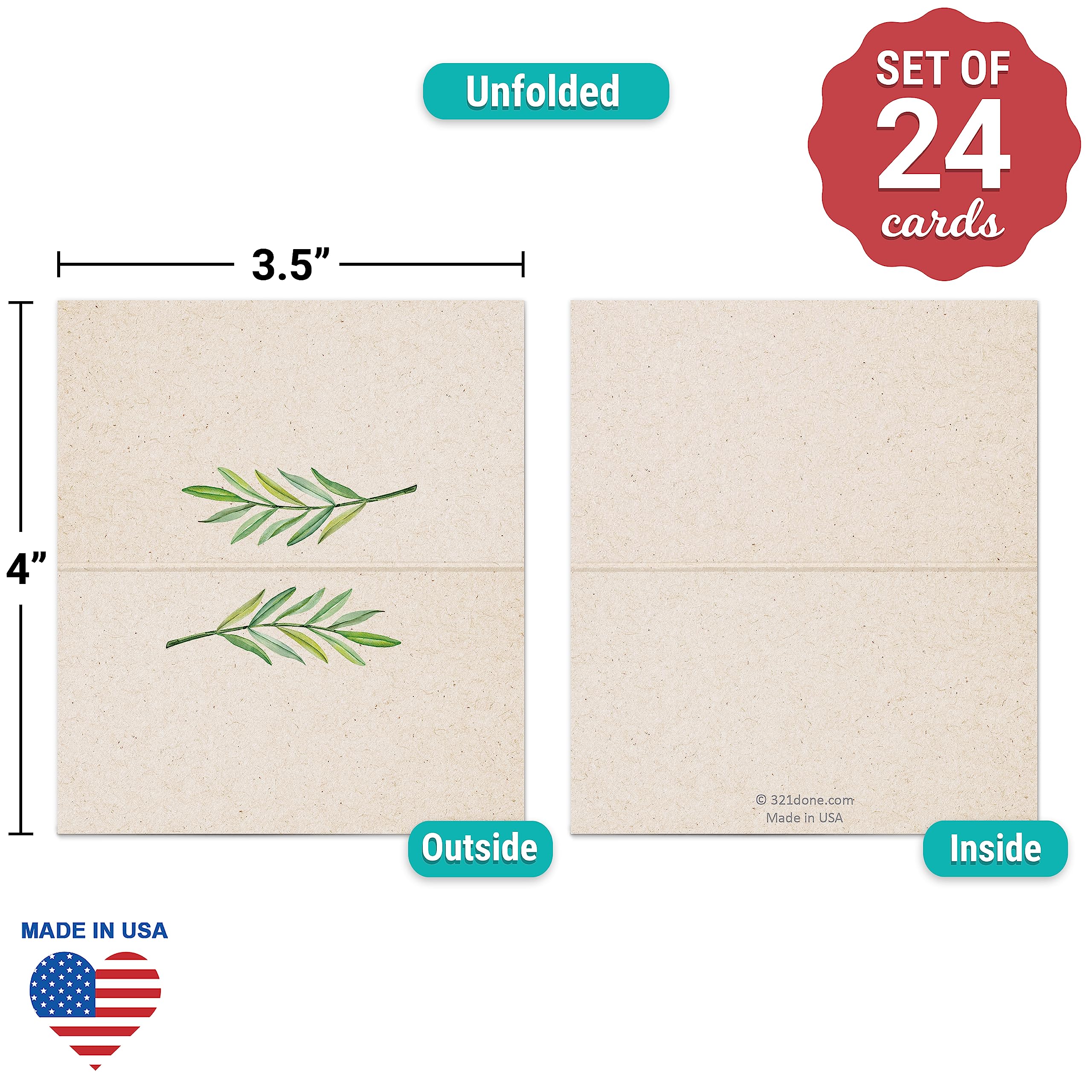 321Done Green Leaves Place Cards, Made in USA - 3.5x2 Tan, Blank Place Cards for Weddings Name Cards for Table Settings Seating Charts for Dinner Party Wedding Reception Buffet Greenery - Set of 24
