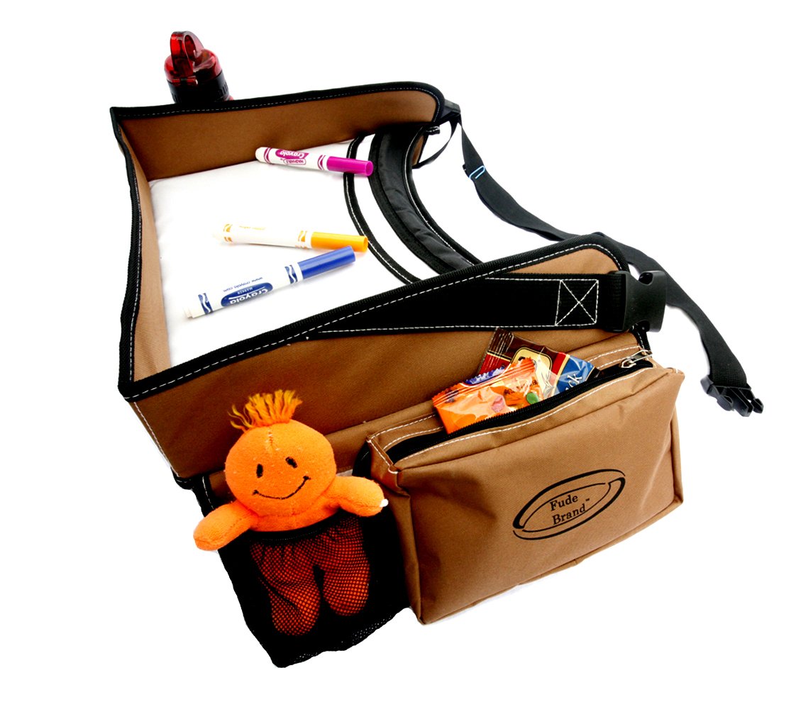 Sale! Kids Travel Tray, Lap Tray, Play Tray, Snack Tray, Activity Tray, with Mesh Storage, Plastic Writing Surface with Markers, for Car Seat, Stroller and Plane Fude Brand (Brown)