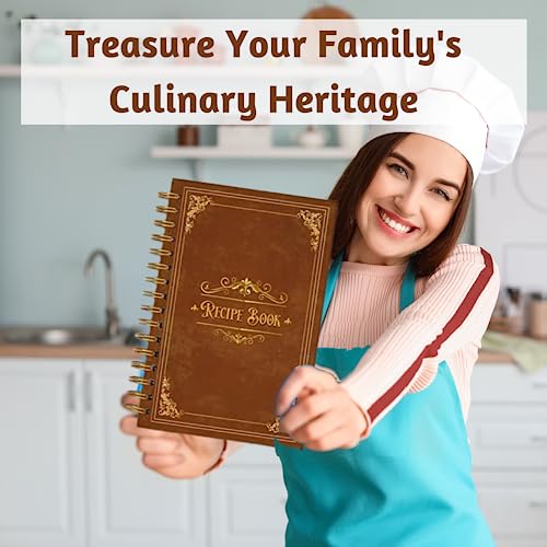 A5 (5.5β x 8.5β) Recipe Book to Write in Your Own Recipes, Durable Gloss Laminated Cover, Gold Spiral Binder, Gold Leaf Vintage Leather Look, 100 Pages Paper, Family Heirloom Keepsake