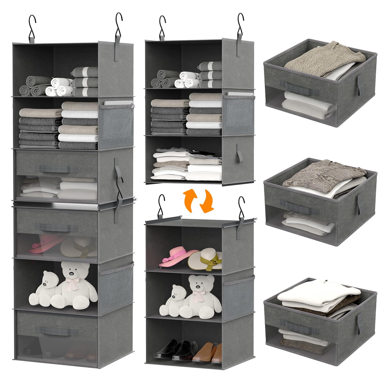 CHILIGO 6-Shelf Hanging Closet Organizer and Storage, Foldable Closet Hanging Organizer, Two 3-Shelf Separable Closet Hanging Shelves with 3 Transparent Drawers 4 Side Pockets