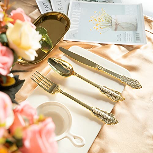 N9R 300pcs Gold Plastic Silverware Dinnerware Flatware- Heavyweight Gold Plastic Cutlery Set, 100 Gold Forks, 100 Gold Spoons, 100 Gold Knives, Gold Utensils for Party, Wedding,Birthday