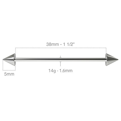 3pc Industrial Barbells 14g Gauge Cartilage Earrings Piercing Jewelry 1 1/2 (38mm) Spikes Pack Set