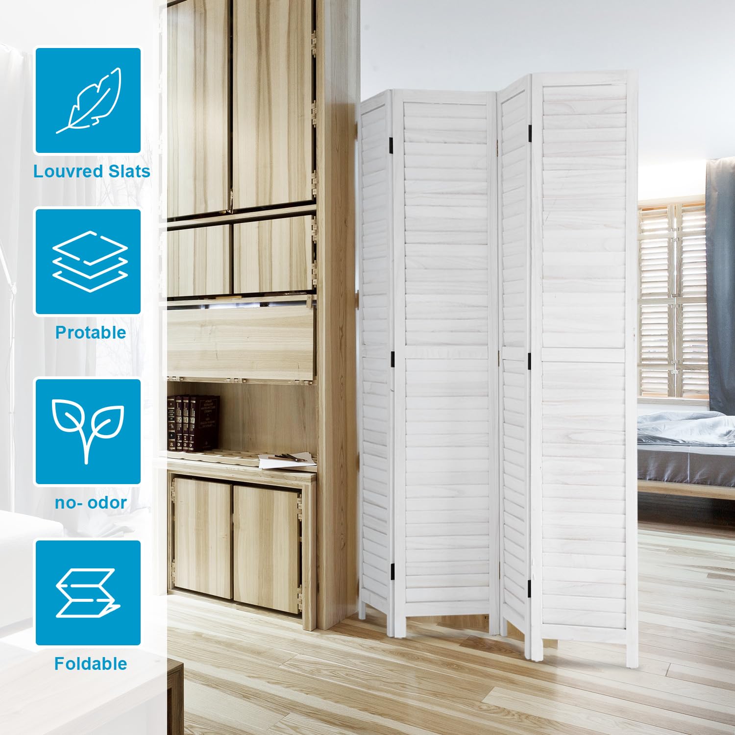4 Panel Wood Room Divider Privacy Screen Wall Divider Folding Privacy Screens Room Divider Wall Portable Partition Room Divider Separator,White