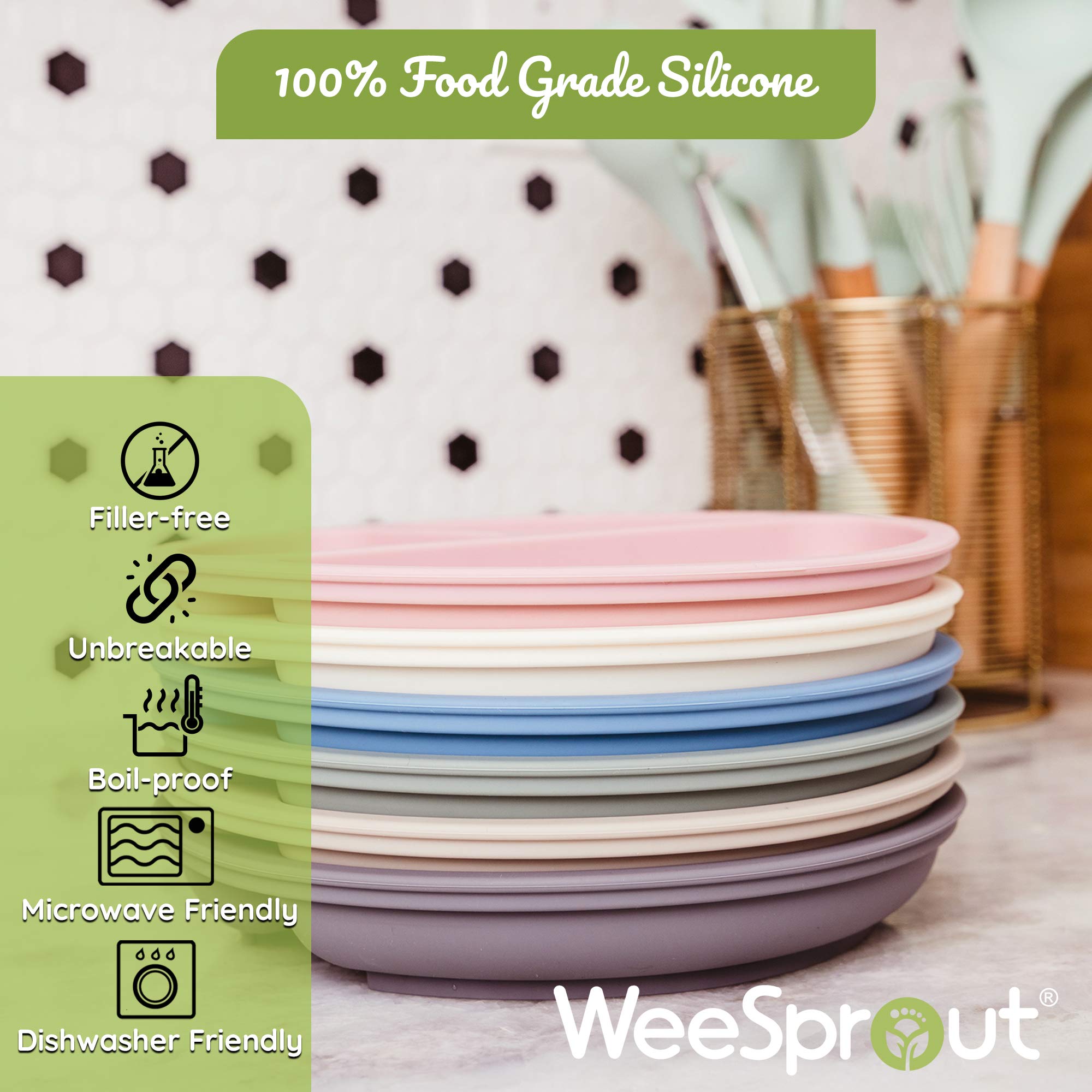 WeeSprout Suction Plates with Lids for Babies & Toddlers - 100% Silicone, Dinnerware Stays Put, Divided Design for Picky Eaters, Microwave & Dishwasher Friendly, 3 Pack