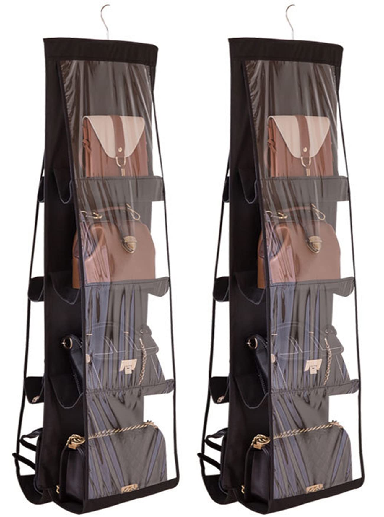 AARAINBOW 2 Packs Hanging Handbag Purse Organizer, Purse Bag Organizer Storage Hanging Bag Organizer for Closet Rack for Purses 8 Pockets Wardrobe Closet Space Saving, 41L*13.5W (B, 2 Black)