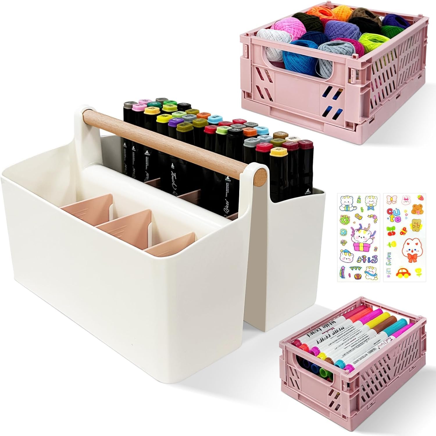 akisey 3 Pack Craft Organizers and Storage, Portable Plastic Art Caddy with Handle & 2 Foldable Art Supply Storage Box, Art Bin Craft Storage Organizer with Divider