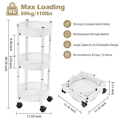 APEXCHASER 3-Tier Metal Storage Rolling Cart, Collapsible Utility Cart, No Assemble, Multifunction Serving Organizer Trolley with Lockable Wheels for Kitchen, Living Room, Bathroom,White