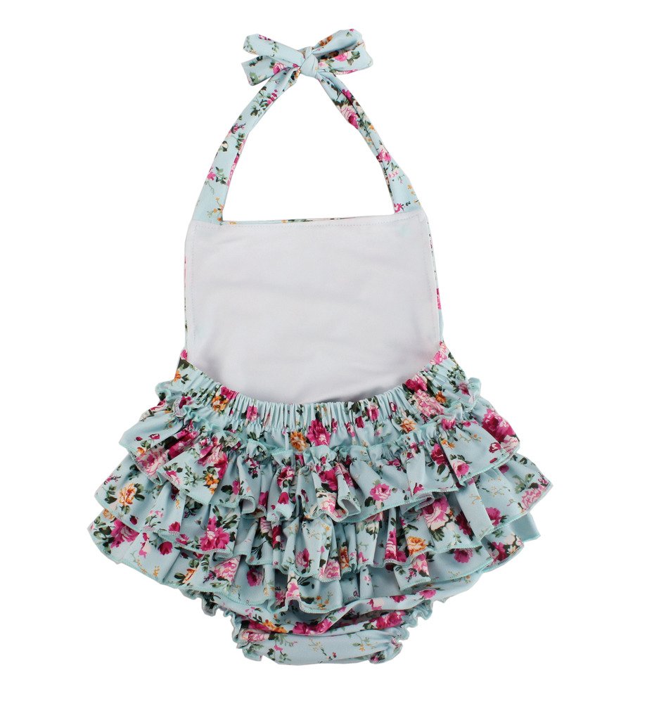 China Rose 50's Floral Ruffles Rompers Backless Dress Bathing Suit Swimwear (0-12 Months, Light Blue)