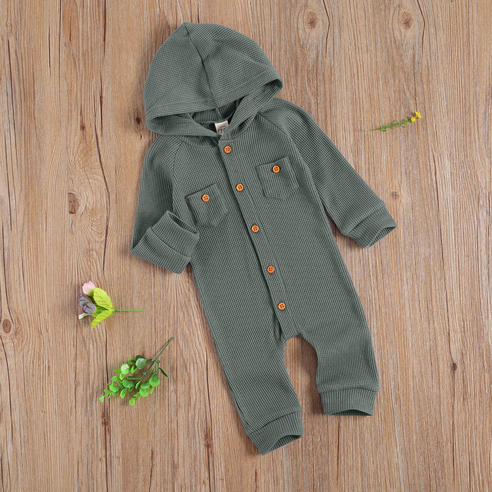 Kuriozud Newborn Unisex Baby Boy Girl Hoodie Romper Solid Long Sleeve One Piece Hooded Jumpsuit Waffle Outfit (Grey, 3-6 Months)