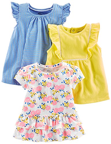 Simple Joys by Carter's Girls' Short-Sleeve Shirts and Tops, Pack of 3, Blue Stripe/White Floral/Yellow, 2T