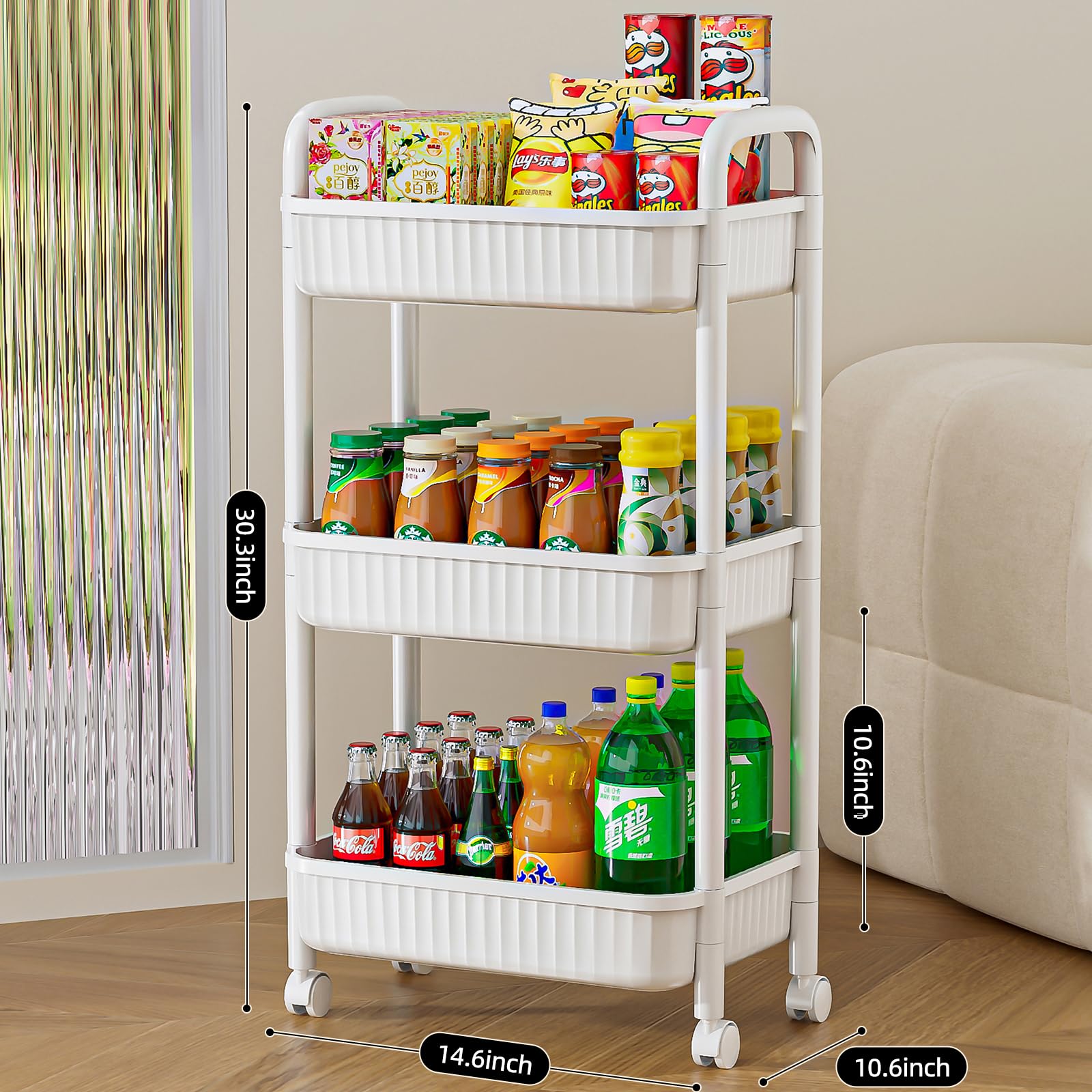 3 Tier Rolling Cart, Utility Cart with Handle and Lockable Universal Casters, Wheeled Laundry Carts, Snack Cart on Wheels, Multi-Use Storage Trolley Cart for School, Office, Living Room, Kitchen