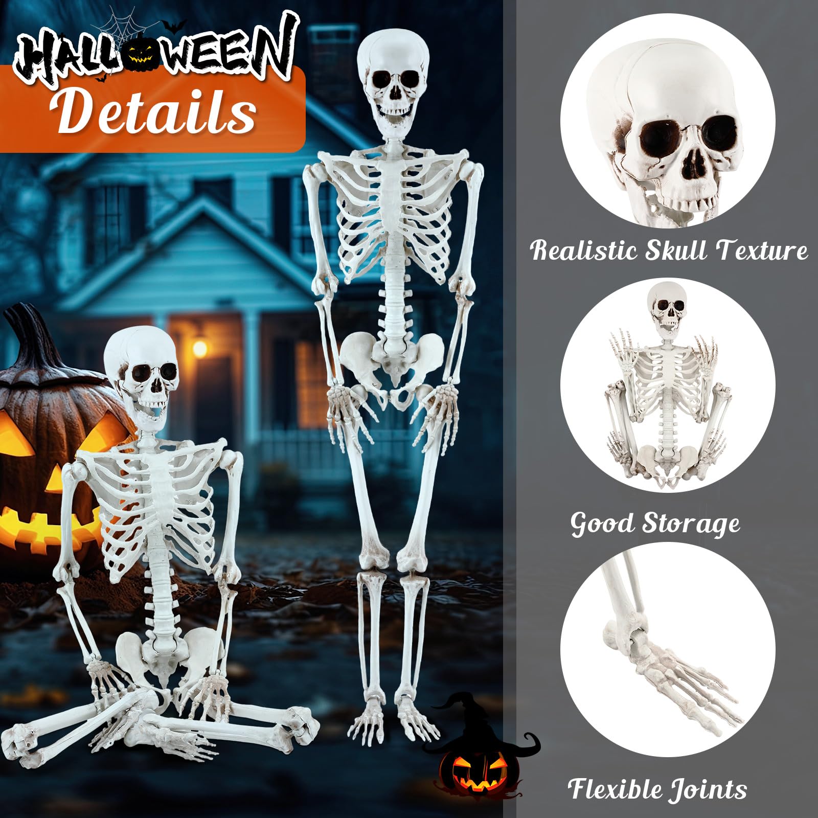 3 Pcs Halloween Skeleton Decoration Poseable Skeleton Full Size Halloween Skeleton Plastic Skeleton with Movable Posable Joints for Hanging Halloween Outdoor Yard Garden Lawn Party Decor (5 ft)