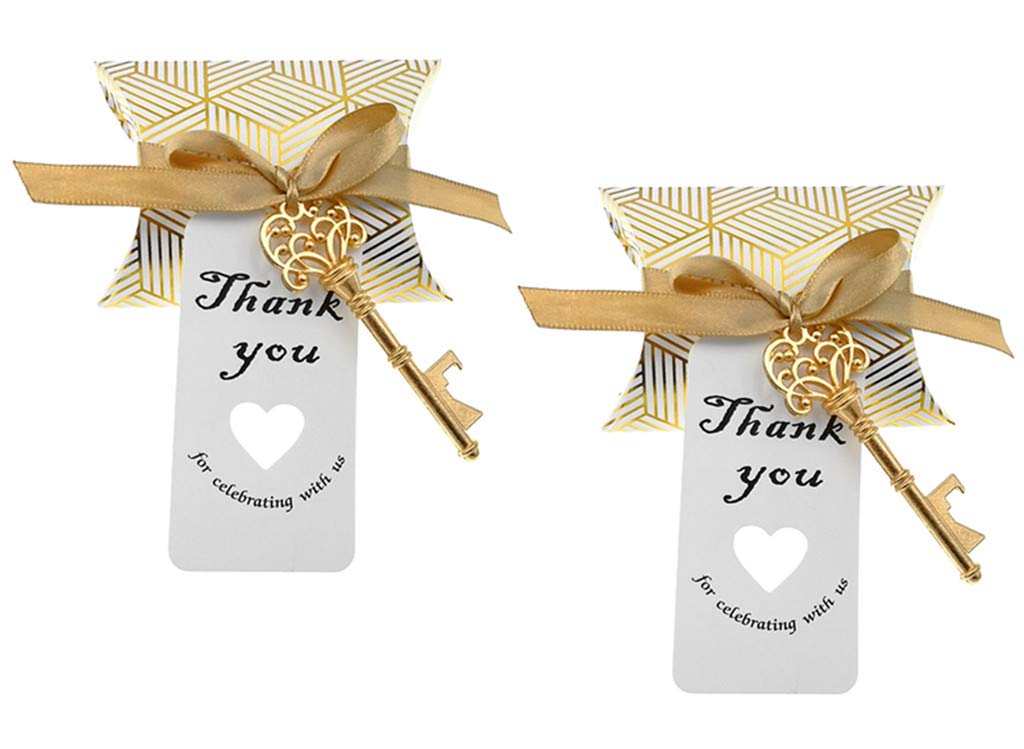 50pcs Skeleton Key Bottle Opener Wedding Party Favor Souvenir Gift with Candy Box and Ribbon(Gold)