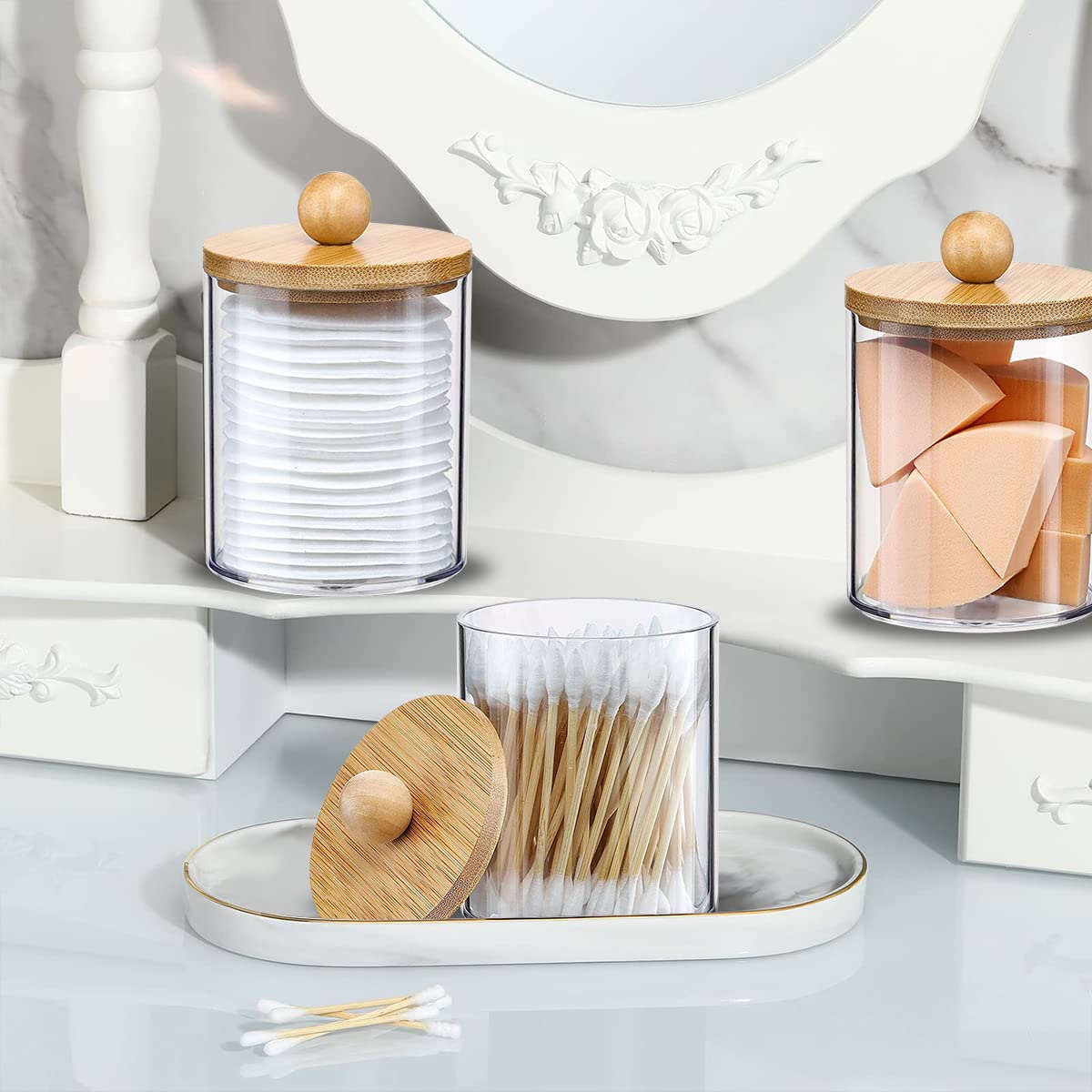 3Pcs Qtip Holder Dispenser, Apothecary Jars with Bamboo Lids, Clear Acrylic Bathroom Jars with Tray, Cotton Swab Storage Dispenser, Reusable Bathroom Canisters, Cotton Swab Holder Dispenser for Makeup