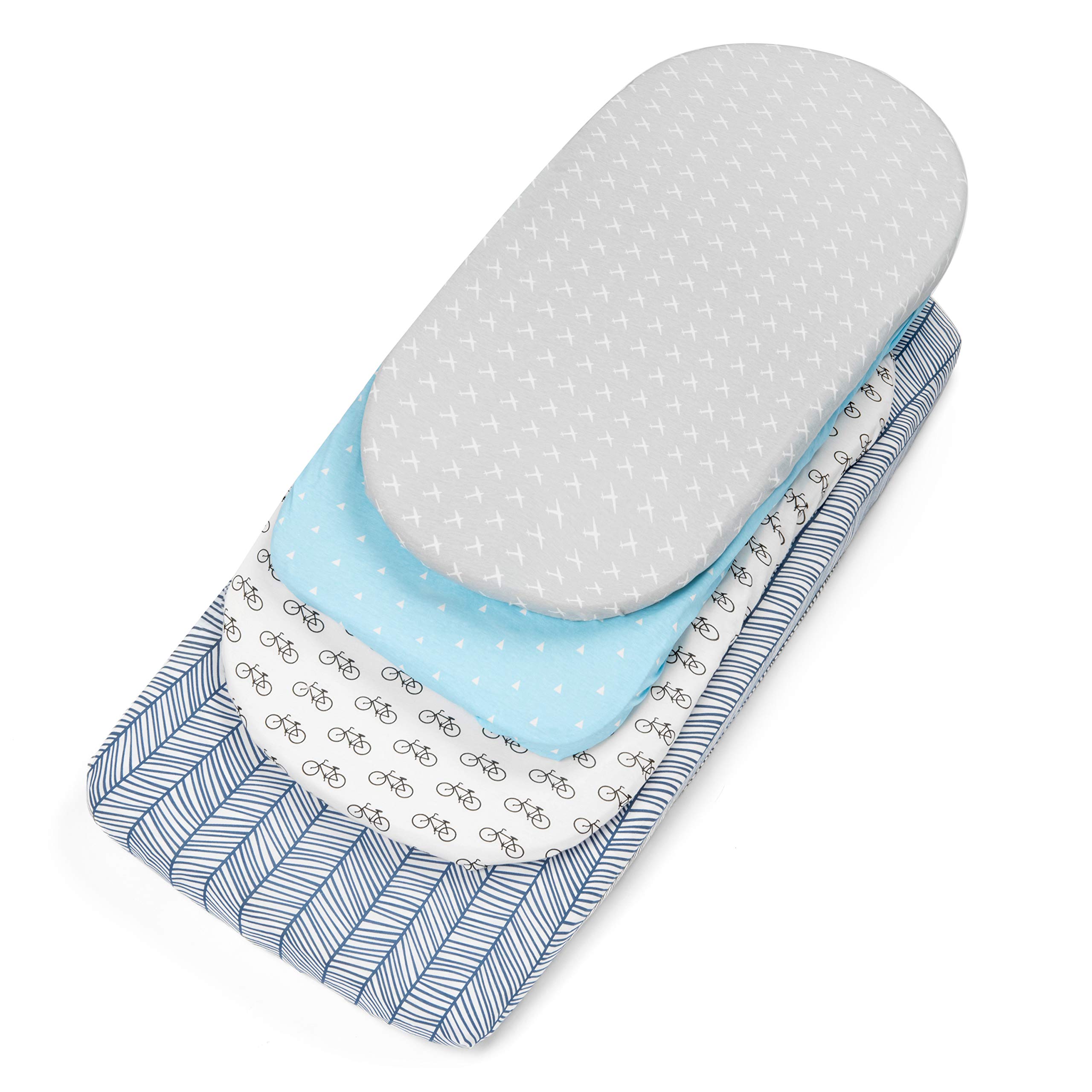 Bassinet Bed Sheets – Premium Bassinet Fitted Sheets 4 Pack – 100% Jersey Knit Cotton Cradle Sheets – Bassinet Bedding for Standard Size Oval or Halo Bassinet Pads – Bassinet Sheet for Boy & Girl