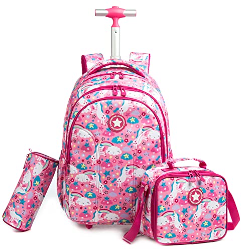 Egchescebo Girls Rolling Backpacks with Wheels 3PCS Unicorn Backpack Set for School Wheeled Luggage Suitcase Lunch Box Pencil Case Large Capacity Bookbag Adjustable Trolley for Elementary Travel Red