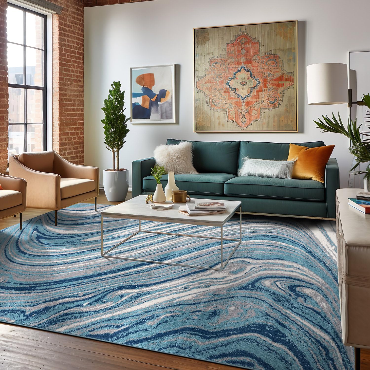 Rugshop Contemporary Abstract Swirl Stain Resistant Soft Area Rug 7' 10" x 10' Blue