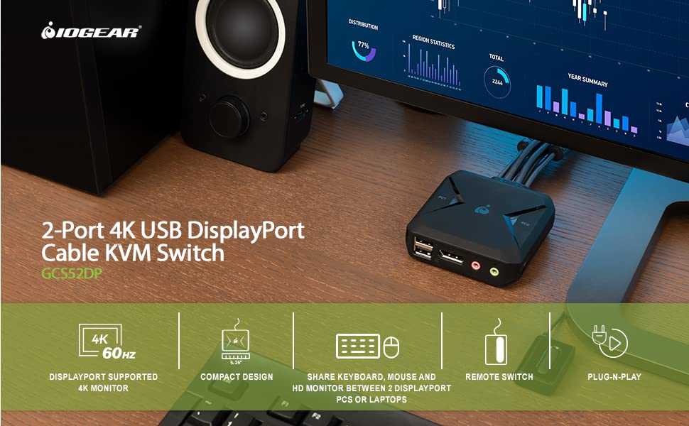 IOGEAR 2-Port USB DisplayPort Cable KVM Switch - 4K 30Hz - Remote Switch Button - Plug n Play - USB Expandable With USB Hub - 7.1 HD Audio - Mac Win - GCS52DP