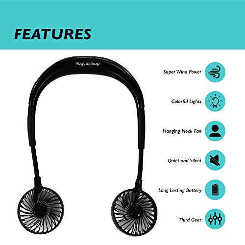 Voglioshop Personal Neck Fan, USB Rechargeable Portable Fan, Cooling Fan Ideal When You Do Any Activity and Wear a Face Mask, 3 Wind Speeds, LED Lights, Accessible Power Buttons, Long Lasting Battery