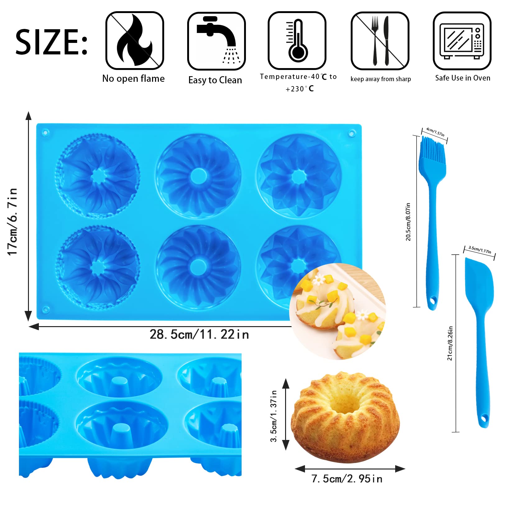 3 Pcs Mini Cake Pan with Knife Brush - Silicone Donut Cake Mold, Silicone Jumbo Muffin Pan 6 Cups, Doughnut Donut, Brownie Flower Multi Shapes Baking