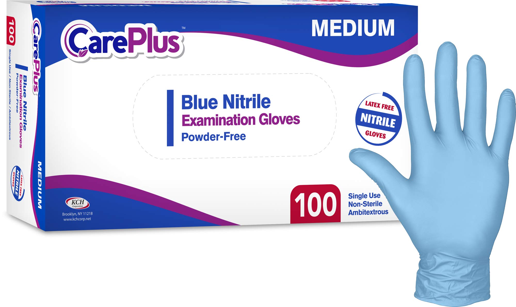 Care Plus Nitrile Examination Medical Gloves, Blue, Medium 100 Count