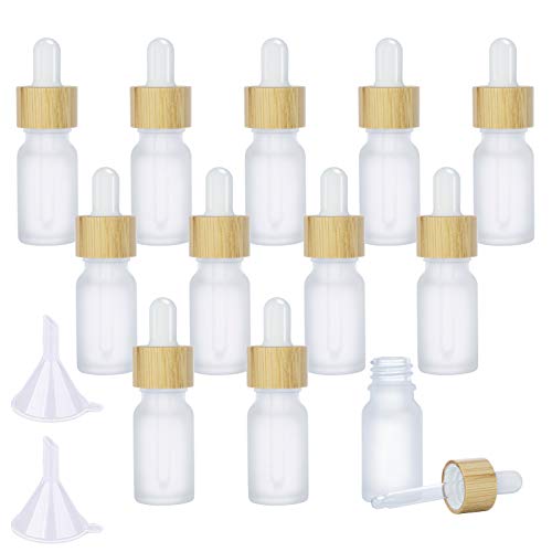 MODOWEY 12Pcs 10ml Frosted Glass Dropper Bottles, Eco-friendly Essential Oil Containers Bulk With Eye Dropper and Bamboo Lids, Refillable Essence Liquid Cosmetic Containers and 2 Pieces Funnel (10ML)