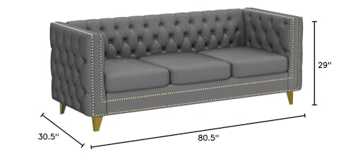 80.5-Inch Velvet 2 Seater Sofa Couch, Comfy Couches for Living Room, Modern Sofa with Tufted Back and Rivet Decoration, Upholstered Long Couch with Solid Golden Metal Tapered Legs, Dark Gray
