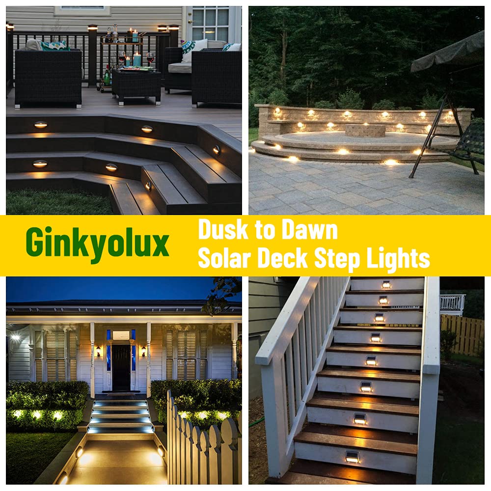 GinkyoLux Solar Deck Step Lights, 8 LEDs 3500K Warm White, Waterproof Dusk to Dawn Stair Garden Pathway Fence Railing Patio Landscape Lighting Ideal for Home Safety and Beauty, 2-Pack