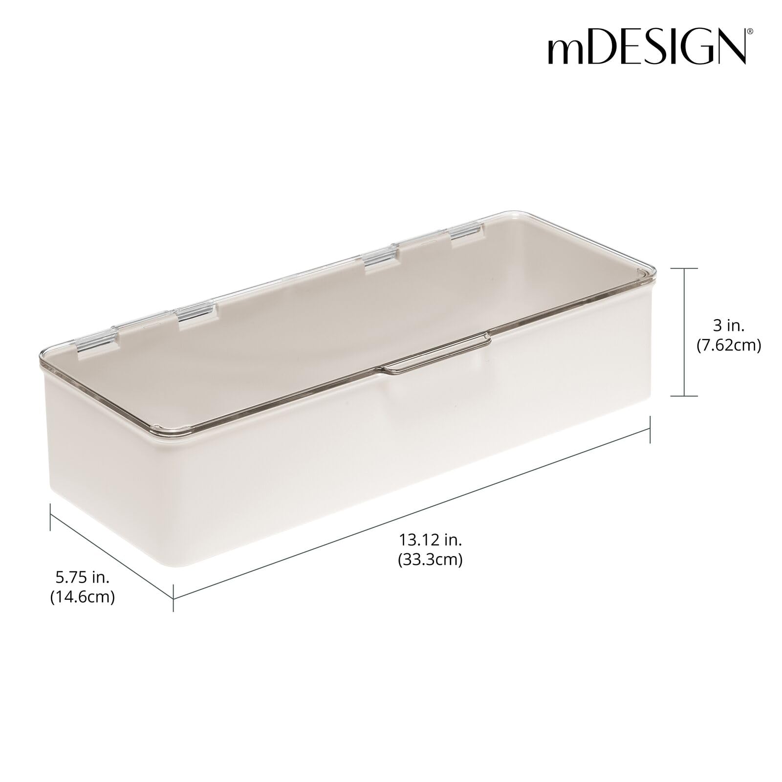 mDesign Long Plastic Cosmetic Storage Organizer Box Containers, Hinged Lid for Bedroom, Bathroom Vanity Shelf or Cabinet, Holds Masks, Palettes, Lotion, Nail Polish, 2 Pack, Cream/Beige/Clear