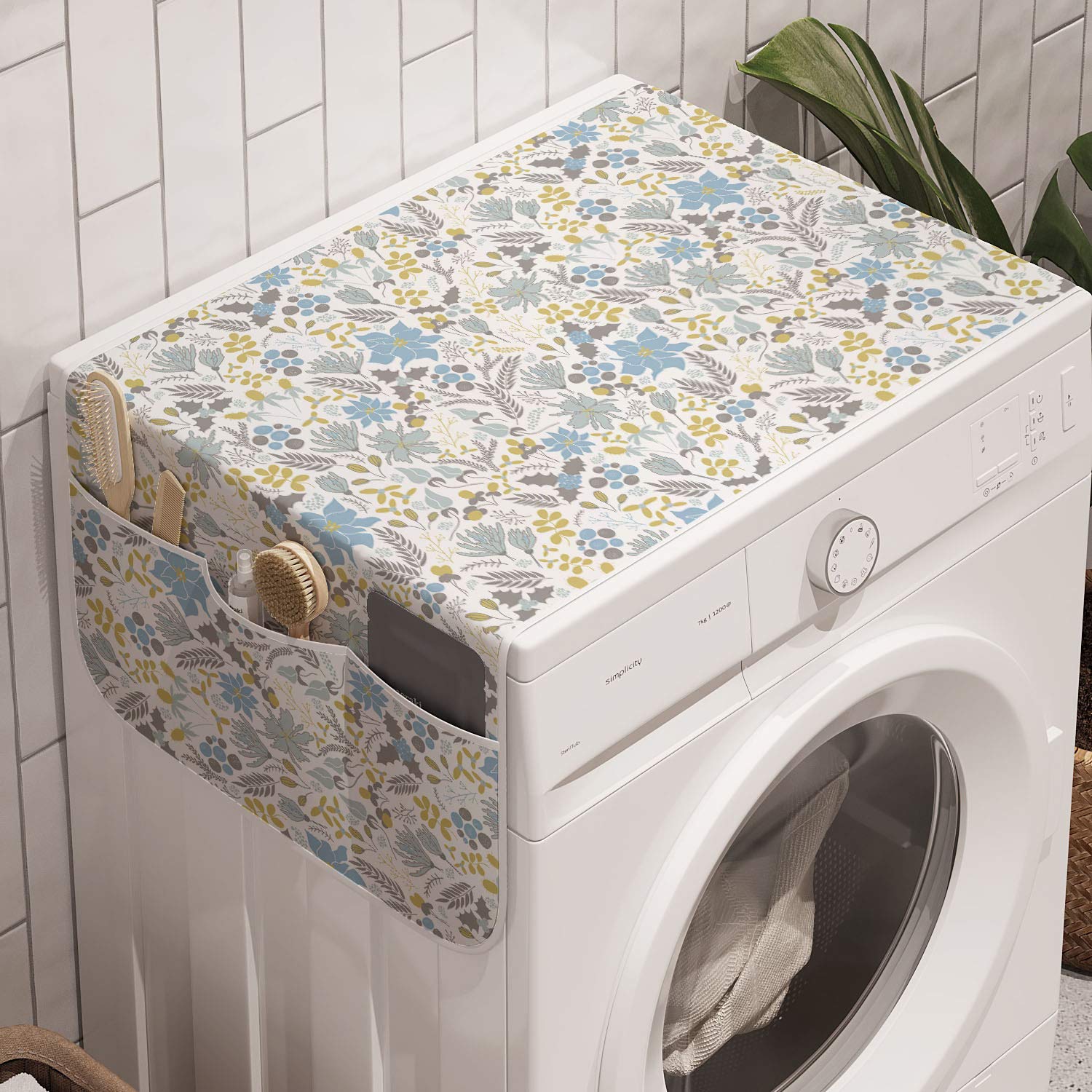 Ambesonne Botanical Washing Machine Organizer, Wildflowers and Berries Scattered, Anti-slip Fabric Top Cover for Washer Dryer, 47" x 18.5", Blue Grey