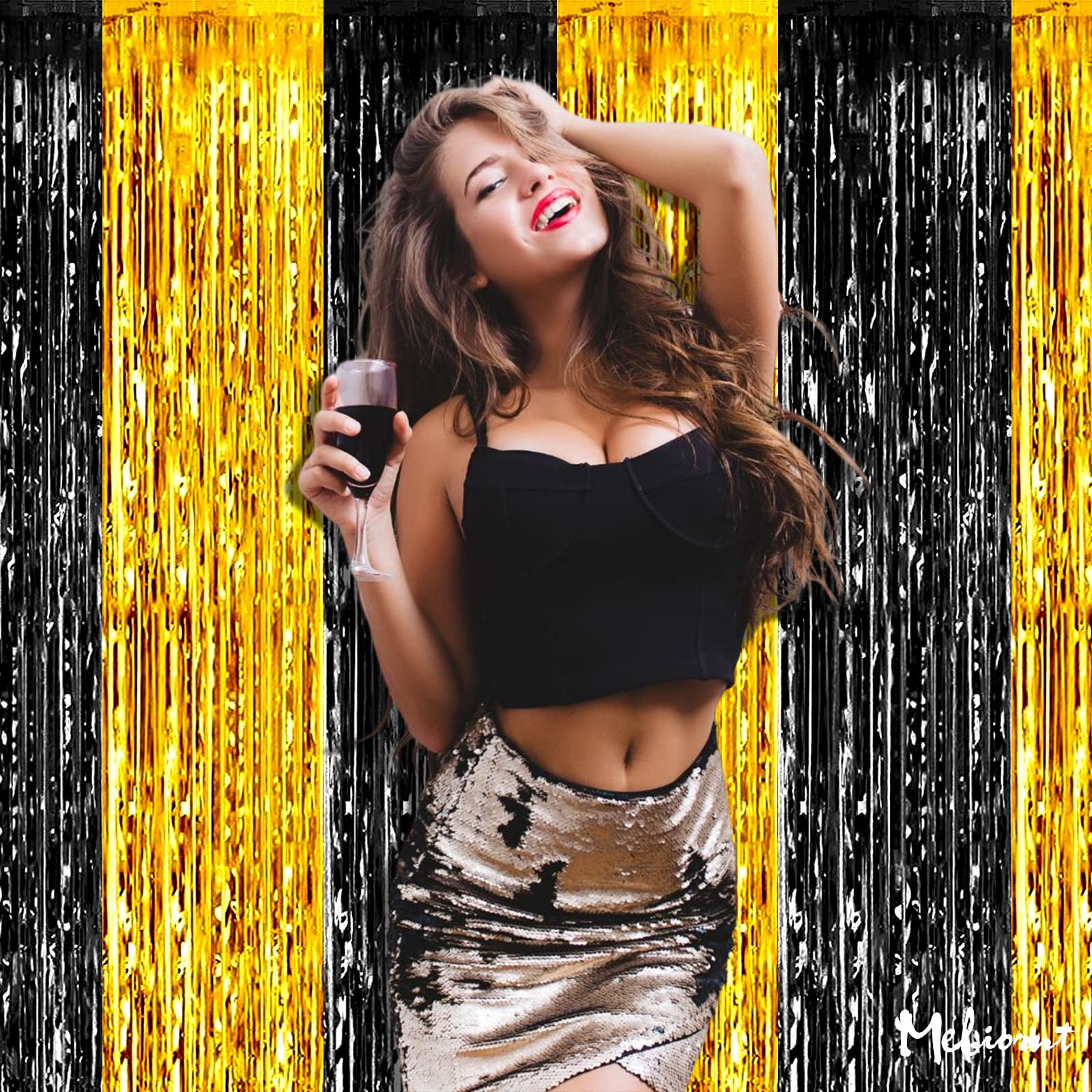 4 Pack 3.2Ft x 6.6Ft Black and Gold Fringe Curtain Backdrop, Metallic Tinsel Foil Fringe Streamers Curtains Background for Photo Booth Birthday Wedding Graduation Carnival Party Decorations