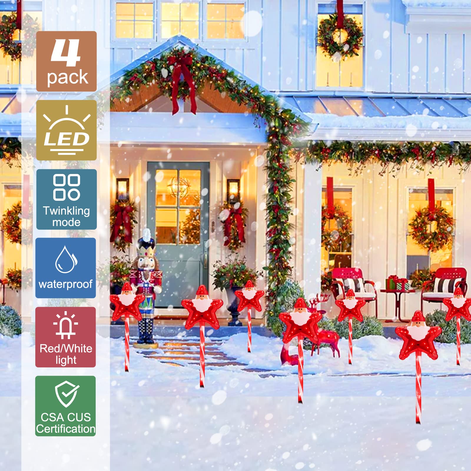 Brightown Christmas Decorations Pathway Lights Outdoor - 23 inches 124 LED Santa Candy Cane Lights Lighted Waterproof for Holiday Garden Lawn Yard Sidewalk Walkway Markers, 4 Pack