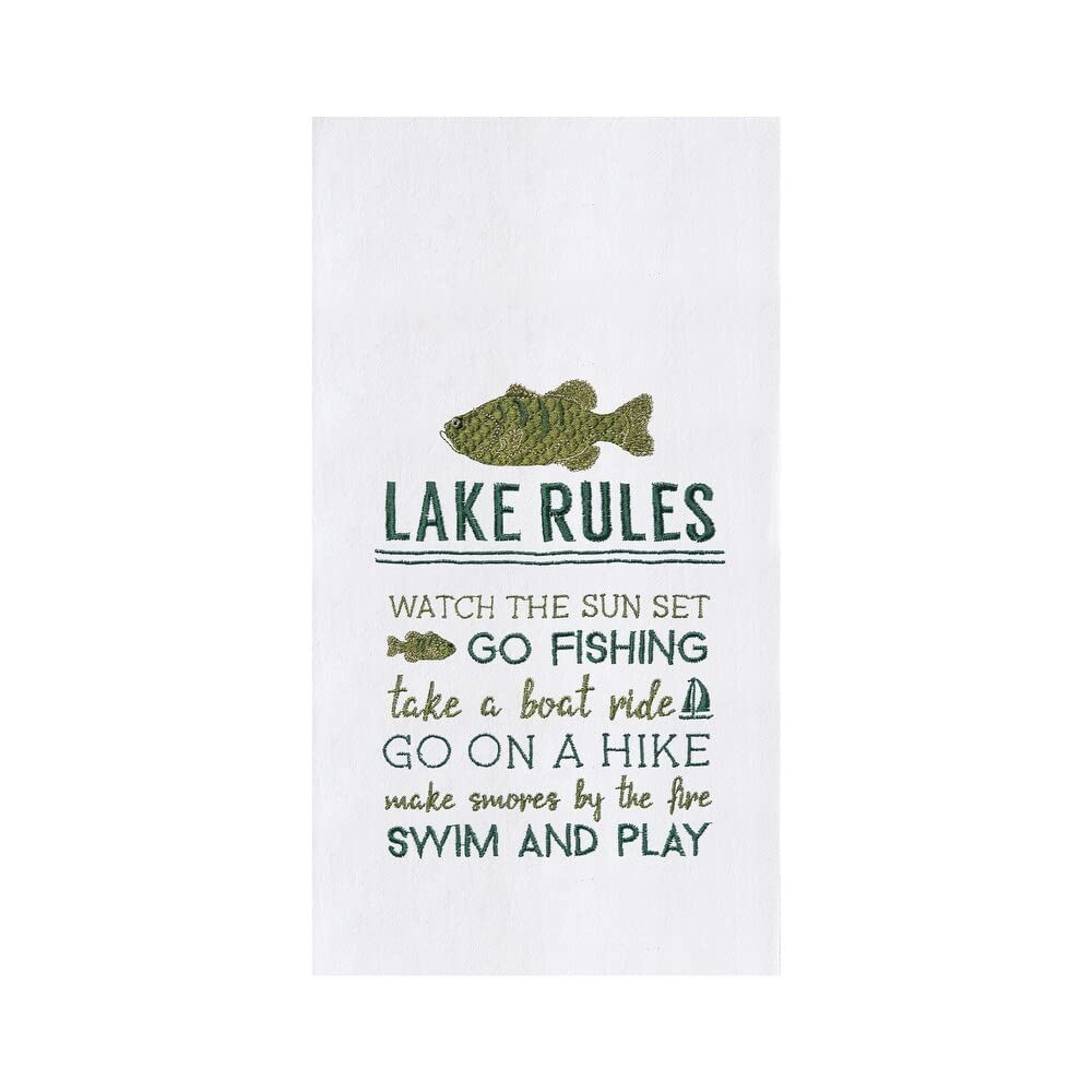 3 Lake House Theme Embroidered Kitchen Towel Set-Waffle Flour-Hand Towels w Lake Rules, Paddles Anchor-Outdoor Camping Boating Dish Cloths