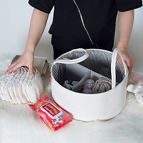 Large Baby Diaper Caddy Organizer 15"X7.4" Round Hanging Nursery Storage Bin Portable Changing Table/Car Travel Tote Bag Removable Inserts Newborn Registry Boy Girl Shower Rope Basket