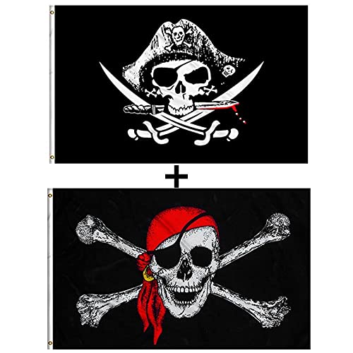3x5 FT Pirate Flags Cross Knife Flag and Jolly Roger (Red Scarf) Flag 2 Pack