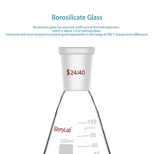 StonyLab Glass 24/40 Erlenmeyer Flask, Borosilicate Glass Heavy Wall Flask with 24/40 Standard Taper Outer Joint, 100ml