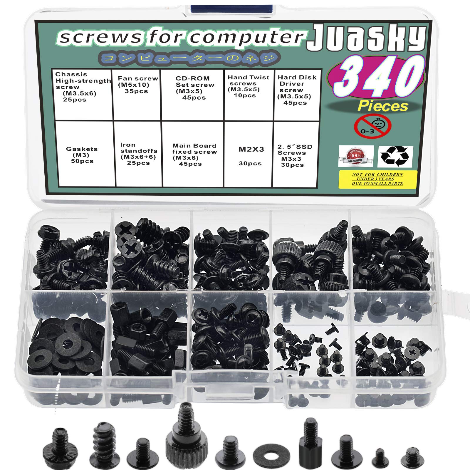 Juasky 340pcs Black Computer PC Standoffs Screws Assortment Kit for Hard Disk Drive, Computer Case, Motherboard, Fan, Power Graphics