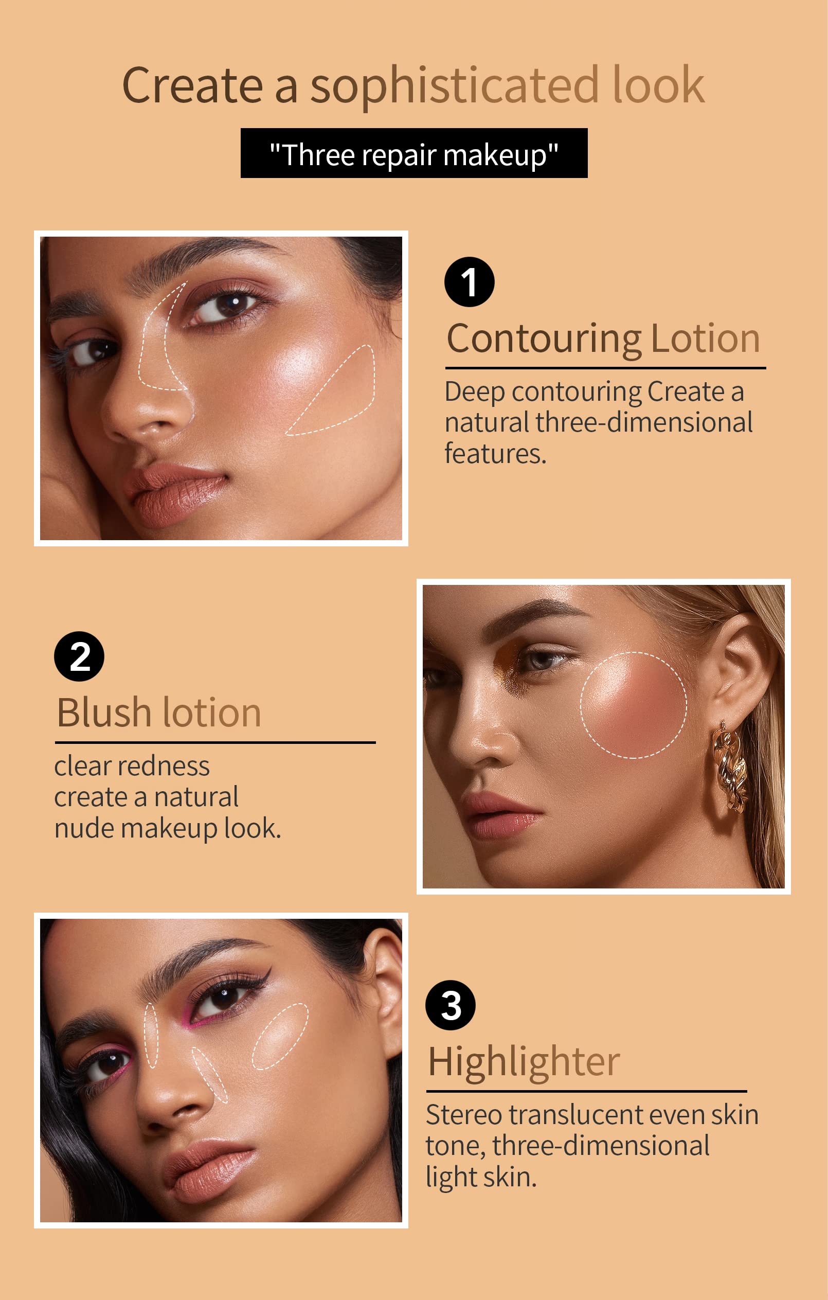 3 Pcs Liquid Contour Beauty Wand Set, Contour & Blush & Highlighter Stick with Cushion Applicator, Attached Easy to Blend, Long Lasting & Smooth Natural Matte Finish (#02#03#05)