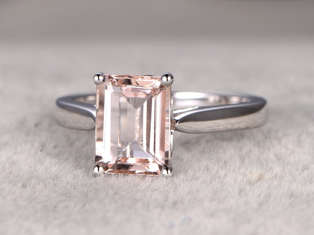 3pcs Engagement Ring Set,7x9mm Emerald Cut Pink Morganite 14k White Gold Diamond Stacking Matching Band