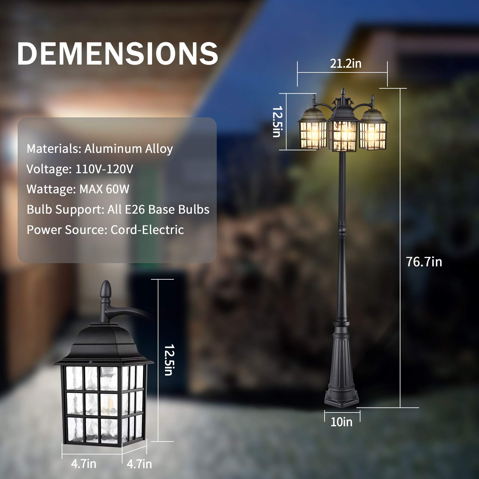 3-Head Outdoor Lamp Post Light Fixture, Dusk to Dawn Aluminum Post Lights Hard Wired, Sensor Pole Lights for Yard, Street Light Posts for outside with Water Ripple Glass Shade, E26 Base