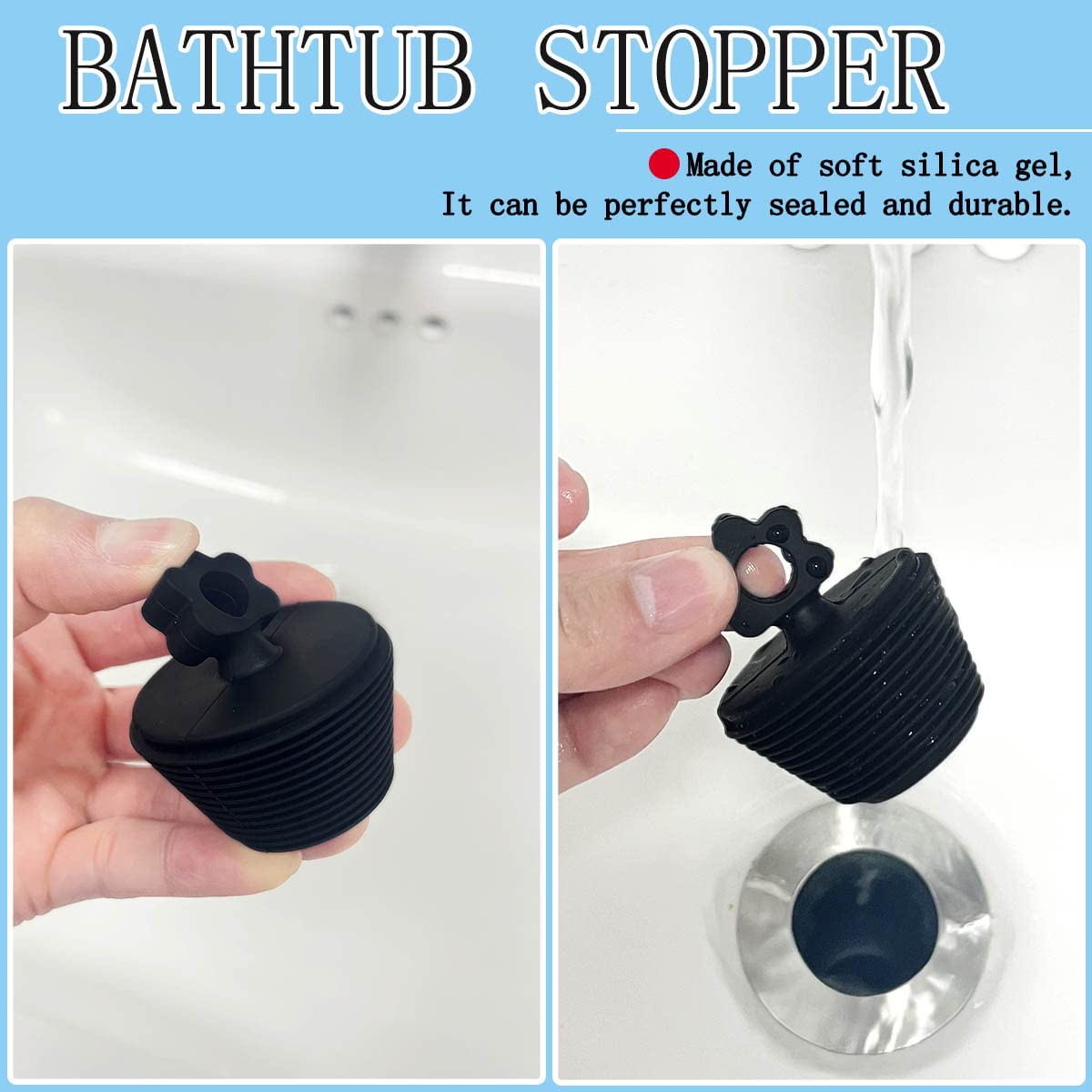 2 Pack Bathtub Stopper, Bathtub Drain Stopper Plug, Universal Silicone Stopper for Bathtub Sink Drains (Black)