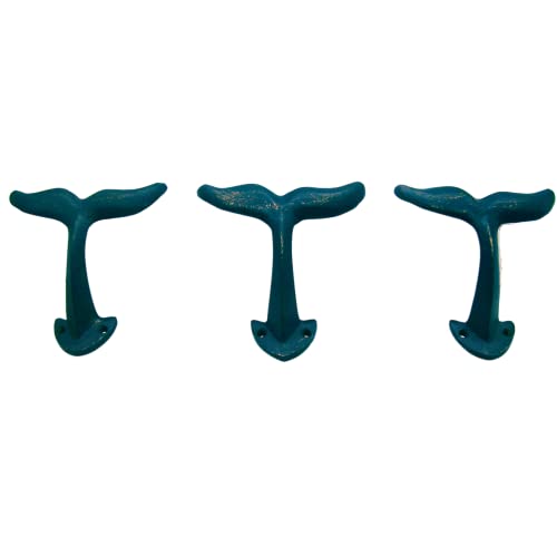 Navy Blue Whale Tail Cast Iron Wall Hooks, Wall Mounted for Hanging Coats, Purses, Towels, Hats, Beach Themed Wall Décor, Set of 3, 4.5 Inches High
