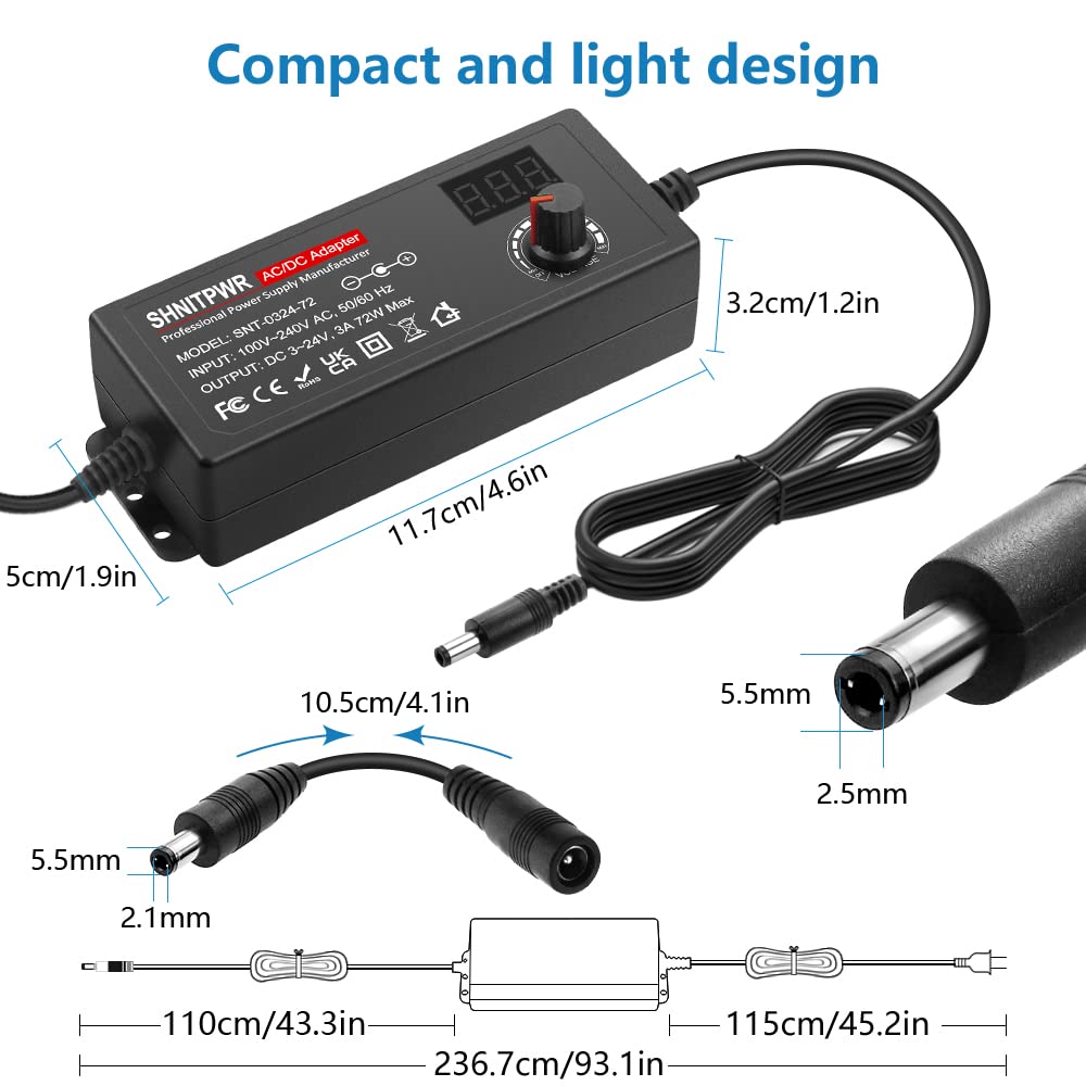SHNITPWR 3V ~ 24V 3A 72W Power Supply Adjustable DC 3V 5V 6V 9V 12V 15V 16V 18V 19V 20V 24V Variable Universal AC/DC Adapter 100V-240V AC to DC Converter with 14 Tips 5.5x2.5mm 4.0x1.7mm 3.5x1.35mm