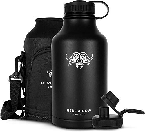 Growler for Beer & Water | 64 oz Double Wall Vacuum Insulated Stainless Steel Thermos Bottle | Jug for Hot & Cold Beverages | Carry Case with Pocket Included | by Here & Now Supply Co. (Black)