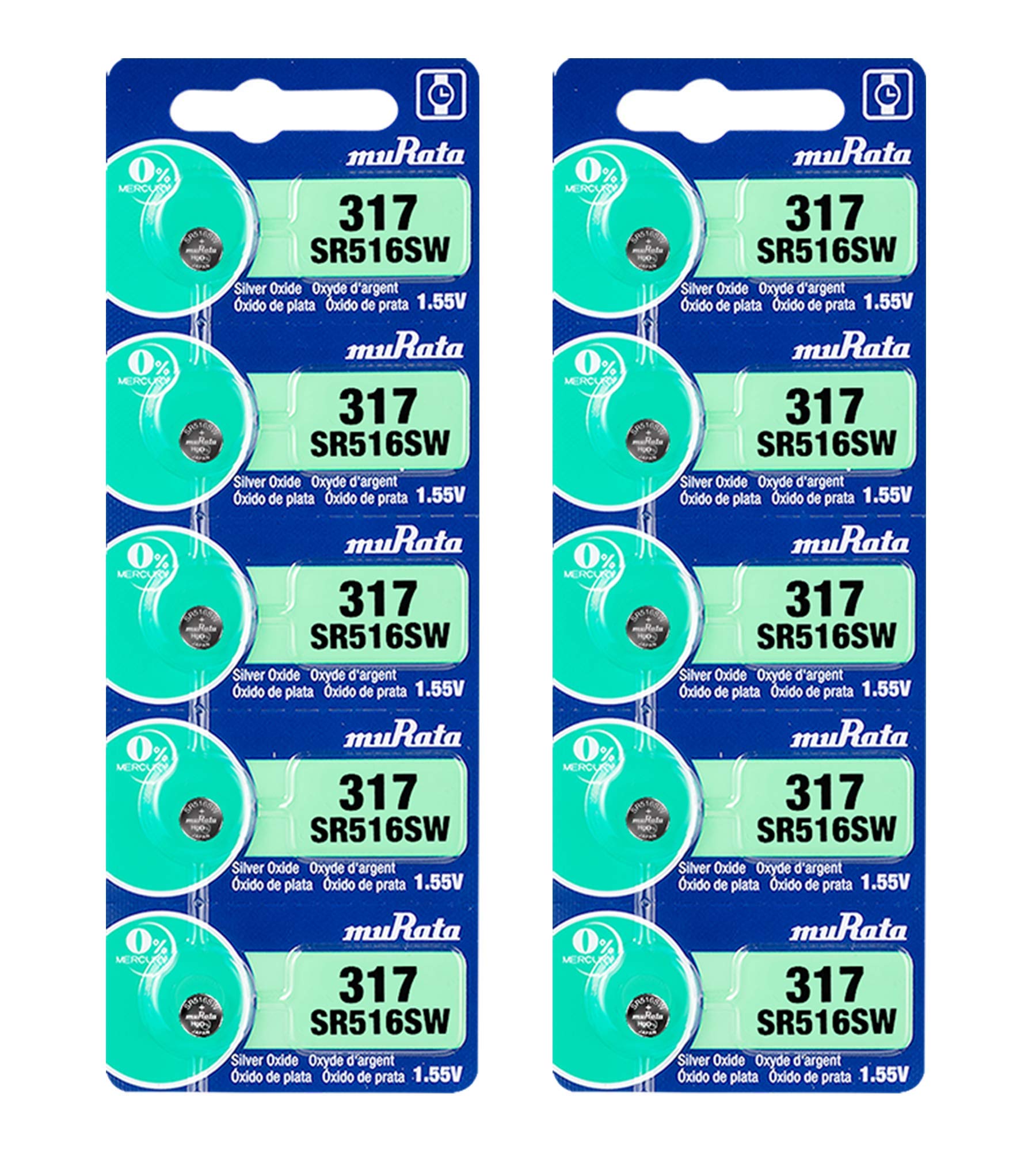 Murata 317 Battery SR516SW 1.55V Silver Oxide Watch Button Cell (10 Batteries)