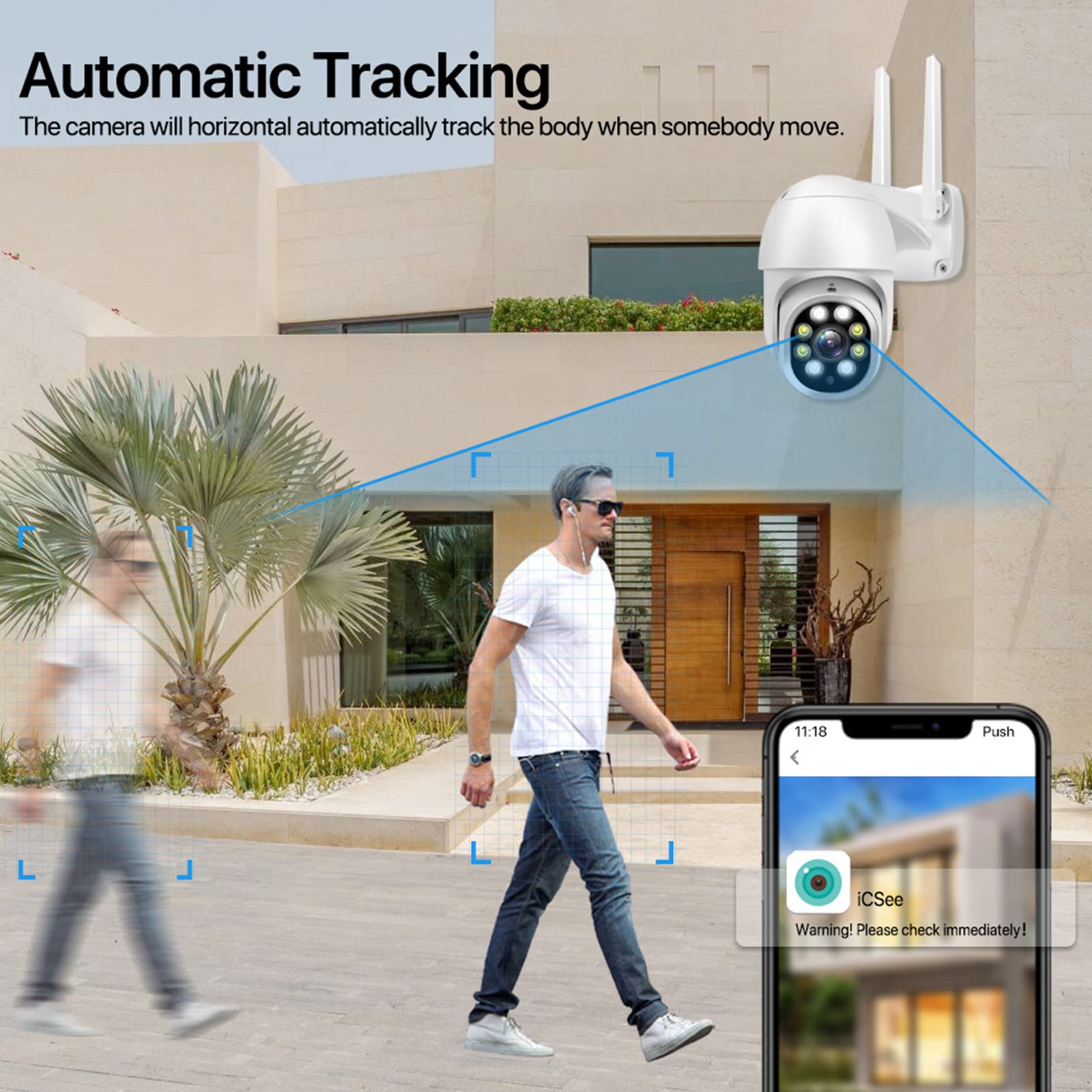 2K 3MP PTZ Outdoor Security Camera Wireless 2.4G WiFi Pan Tilt Dome Surveillance CCTV IP Camera for Home Baby Dog Pet, Human Detection, Auto Tracking, Color Night Vision, Two Way Talk, IP66 Waterproof