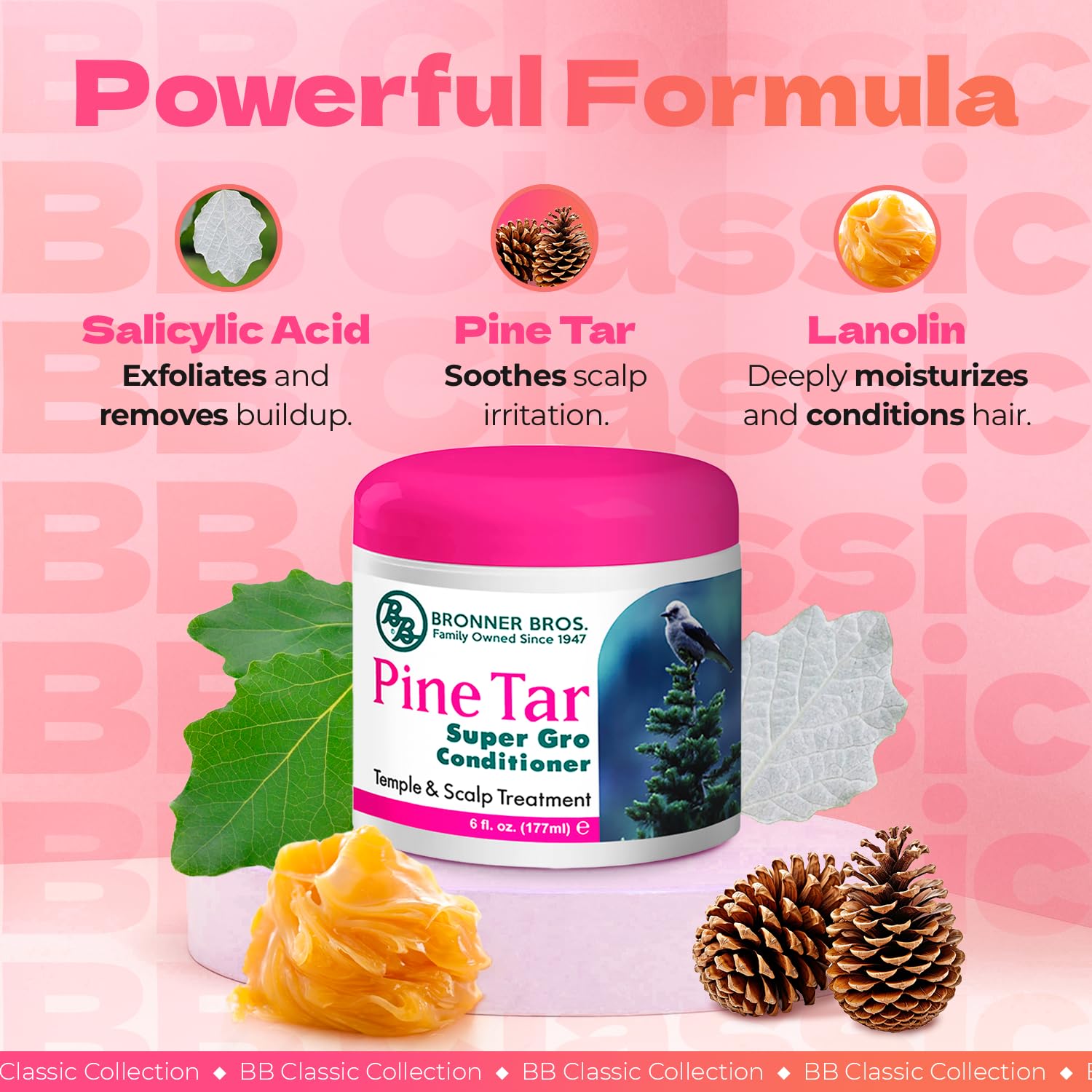 Bronner Bros BB Pine Tar Super Gro Conditioning Temple & Scalp Treatment for Dandruff - Soothes Dry, Itchy Scalp, Moisturizer & Deep Conditioner - With Pine Tar, Salicylic Acid & Lanolin - 6 oz